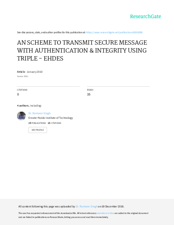 (PDF) AN SCHEME TO TRANSMIT SECURE MESSAGE WITH AUTHENTICATION ...