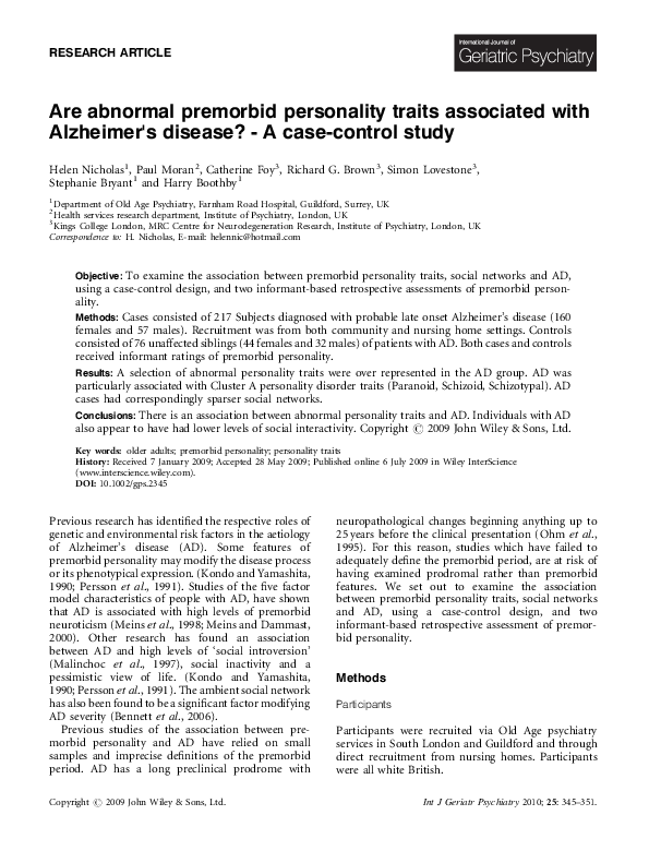 (PDF) Are abnormal premorbid personality traits associated with ...