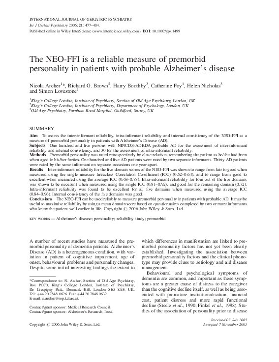 (PDF) The NEO‐FFI is a reliable measure of premorbid personality in ...