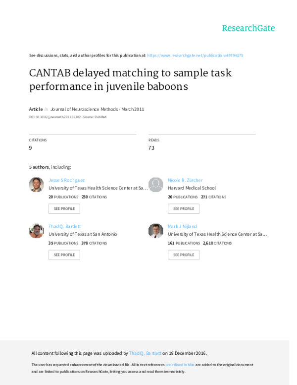 (PDF) CANTAB Delayed Matching To Sample Task Performance in Juvenile ...