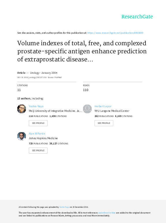 Pdf Volume Indexes Of Total Free And Complexed Prostate Specific Antigen Enhance Prediction