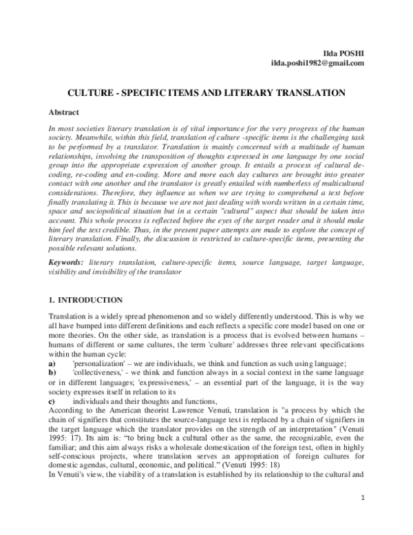 (PDF) Culture - Specific Items And Literary Translation