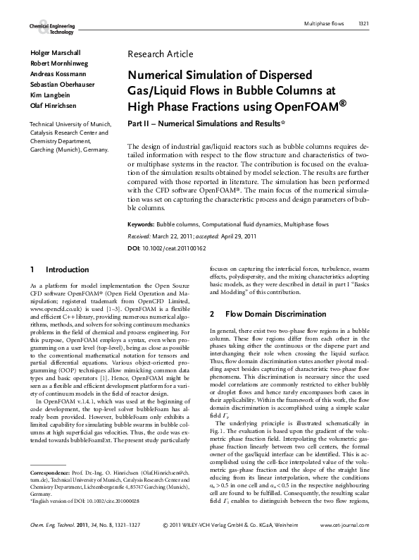 (PDF) Numerical Simulation of Dispersed Gas/Liquid Flows in Bubble Columns at High Phase ...