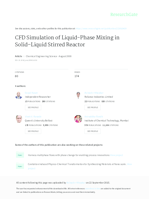 (PDF) CFD simulation of liquid-phase mixing in solid liquid stirred reactor