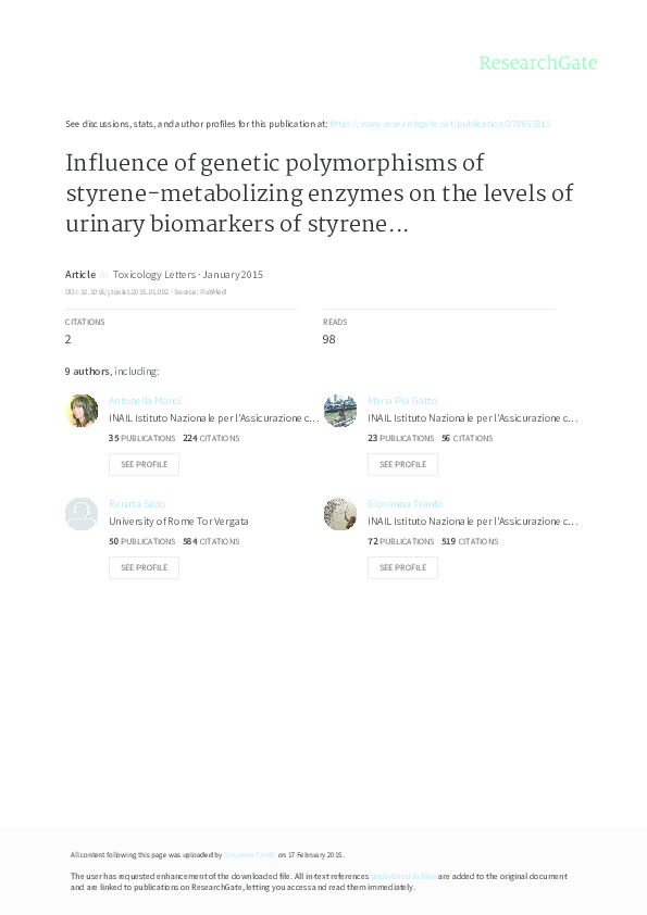 (PDF) Environmental and Biological Monitoring of Styrene Exposure ...