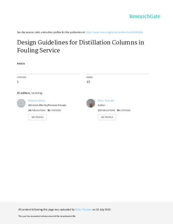 (PDF) Design Guidelines for Distillation Columns in Fouling Service