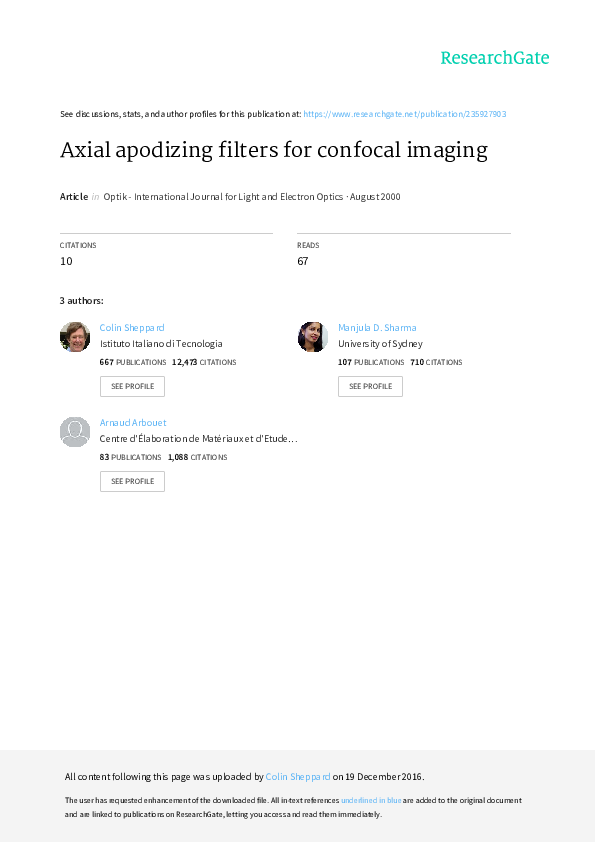 (PDF) Axial apodizing filters for confocal imaging | Arnaud Arbouet ...