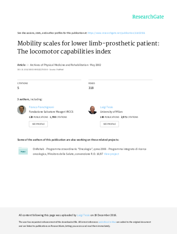 (PDF) Mobility scales for lower limb-prosthetic patient: The locomotor ...
