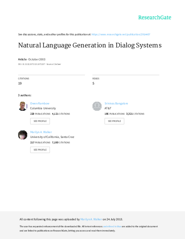 (PDF) Natural language generation in dialog systems