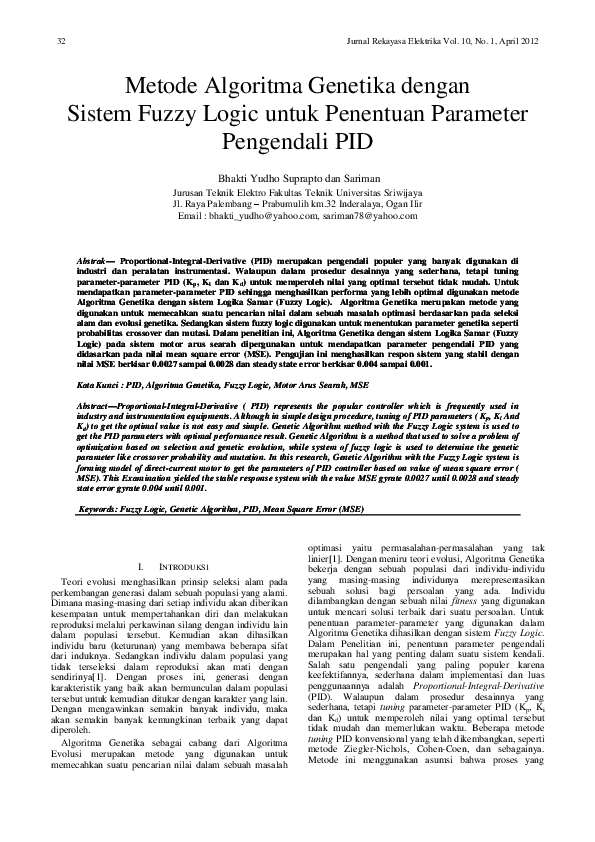 (PDF) Metode Algoritma Genetika dengan Sistem Fuzzy Logic untuk Penentuan Parameter Pengendali PID