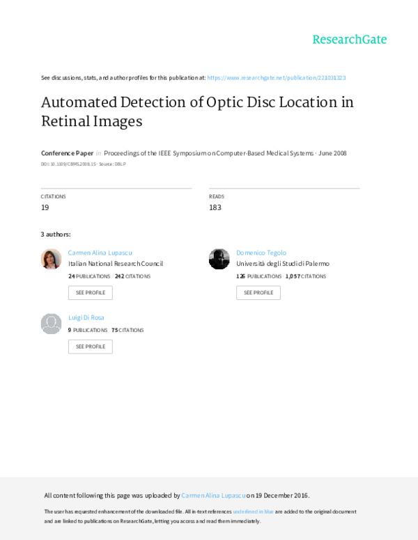 Pdf Automated Detection Of Optic Disc Location In Retinal Images