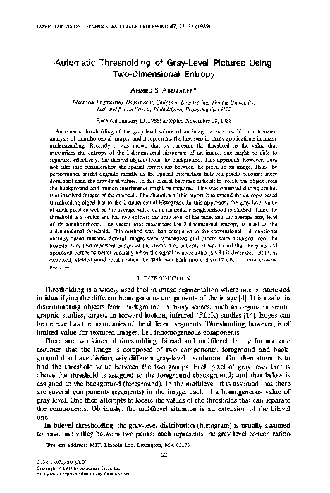 Pdf Automatic Thresholding Of Gray Level Pictures Using Two Dimensional Entropy 