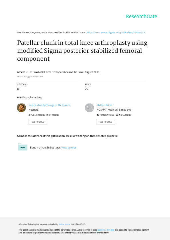 (PDF) Patellar clunk in total knee arthroplasty using modified Sigma ...