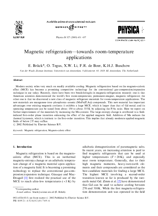 (PDF) Magnetic refrigeration-towards room-temperature applications