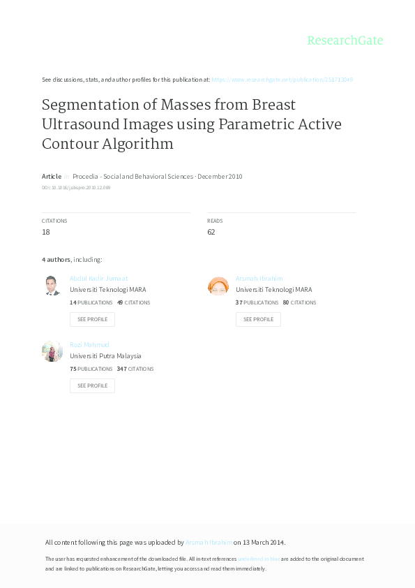 Pdf Segmentation Of Masses From Breast Ultrasound Images Using Parametric Active Contour Algorithm