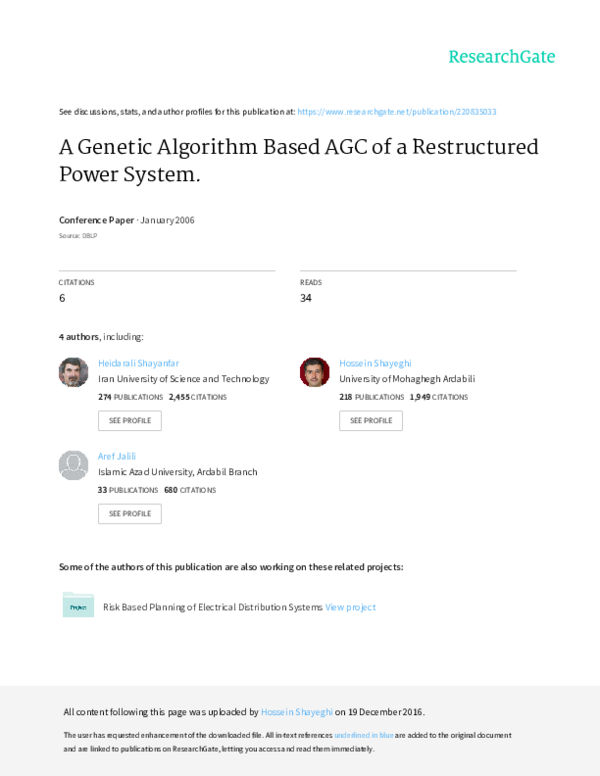 (PDF) A Genetic Algorithm Based AGC of a Restructured Power System