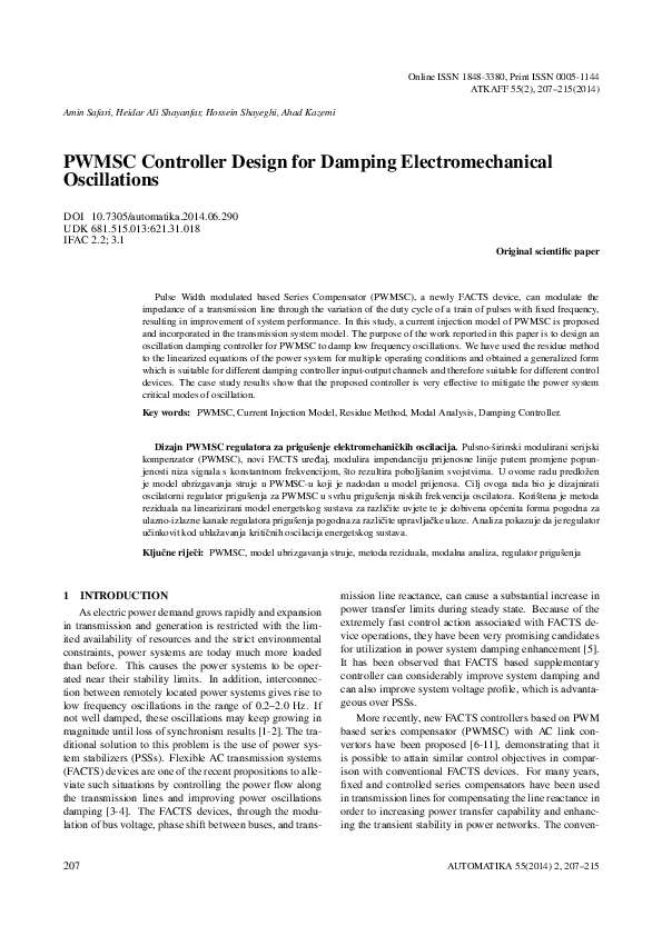 (PDF) PWMSC Controller Design for Damping Electromechanical Oscillations