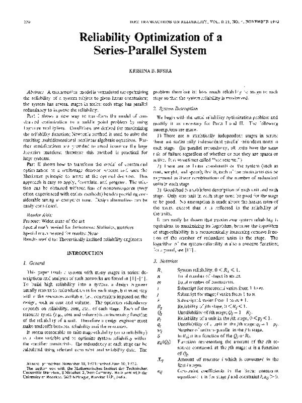 (PDF) Reliability Optimization of a Series-Parallel System