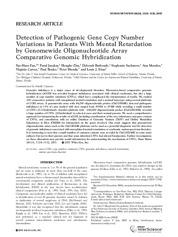 (PDF) Detection of pathogenic gene copy number variations in patients with mental retardation by ...
