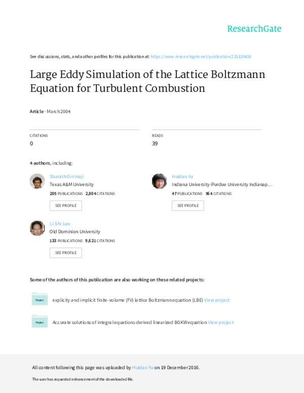 (PDF) Large Eddy Simulation of the Lattice Boltzmann Equation for Turbulent Combustion