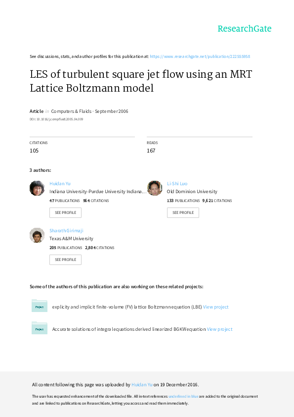 (PDF) LES of turbulent square jet flow using an MRT lattice Boltzmann model | Li-Shi Luo ...
