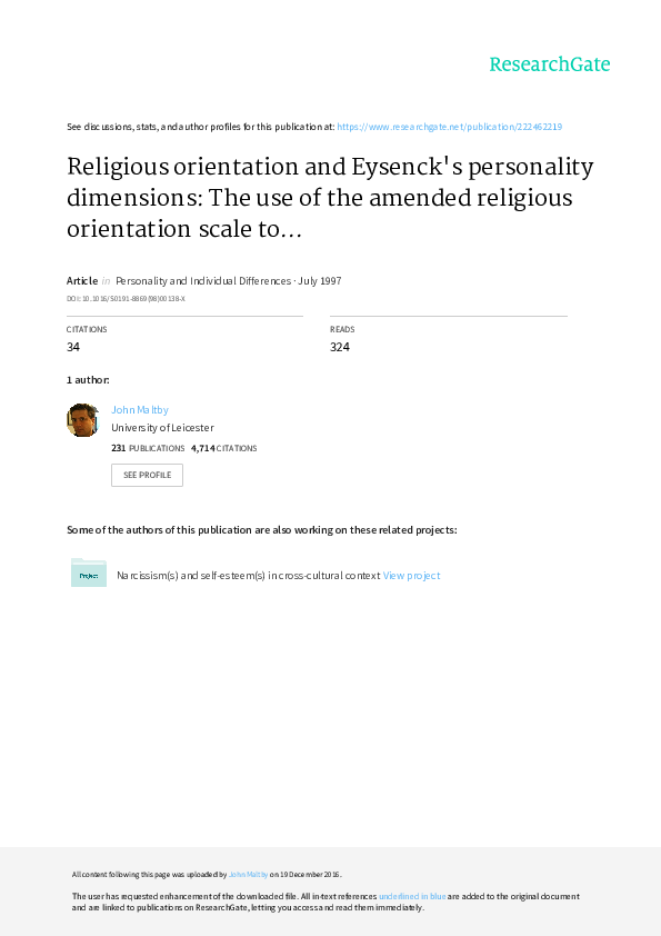 (PDF) Religious orientation and Eysenck's personality dimensions: The ...