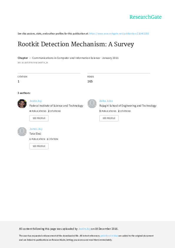 (PDF) Rootkit Detection Mechanism: A Survey