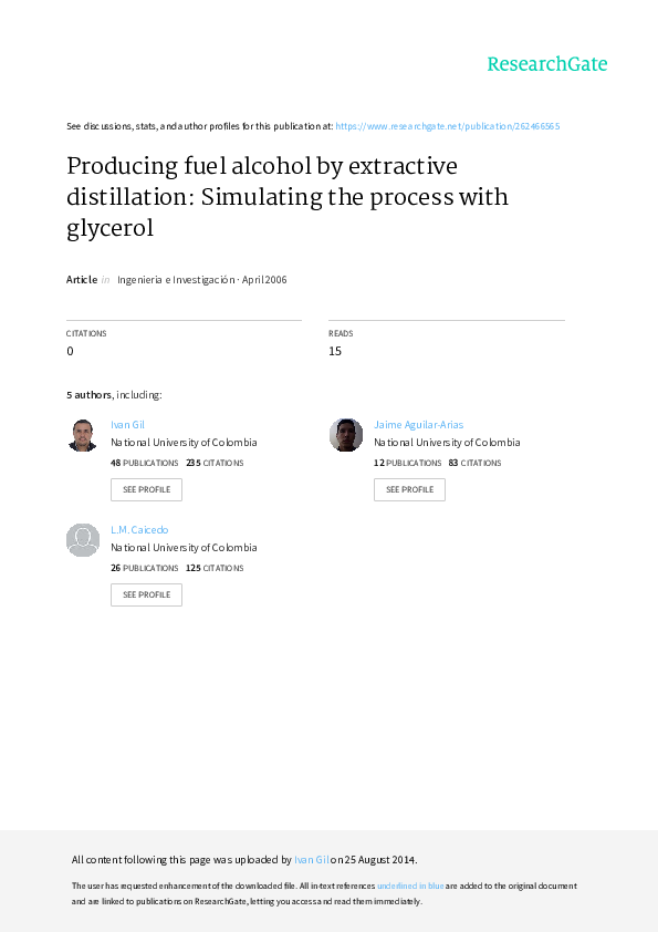(PDF) Producing fuel alcohol by extractive distillation: Simulating the ...
