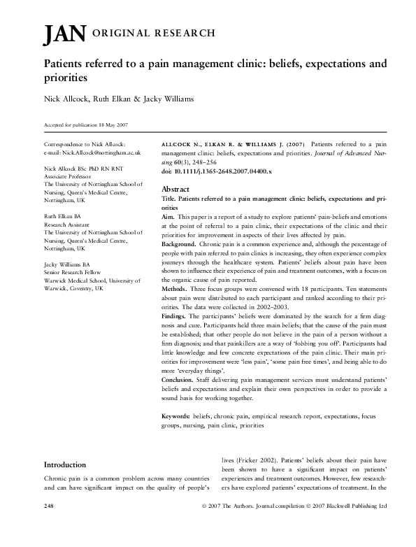 (PDF) Patients referred to a pain management clinic: beliefs ...