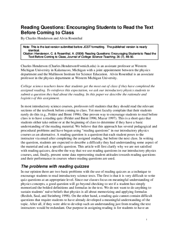 (PDF) Reading Questions: Encouraging Students to Read the Text before ...