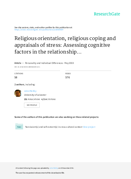 (PDF) Religious orientation, religious coping and appraisals of stress ...