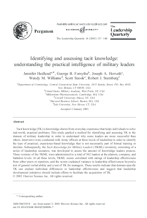 (PDF) Identifying and assessing tacit knowledge: Understanding the practical intelligence of ...