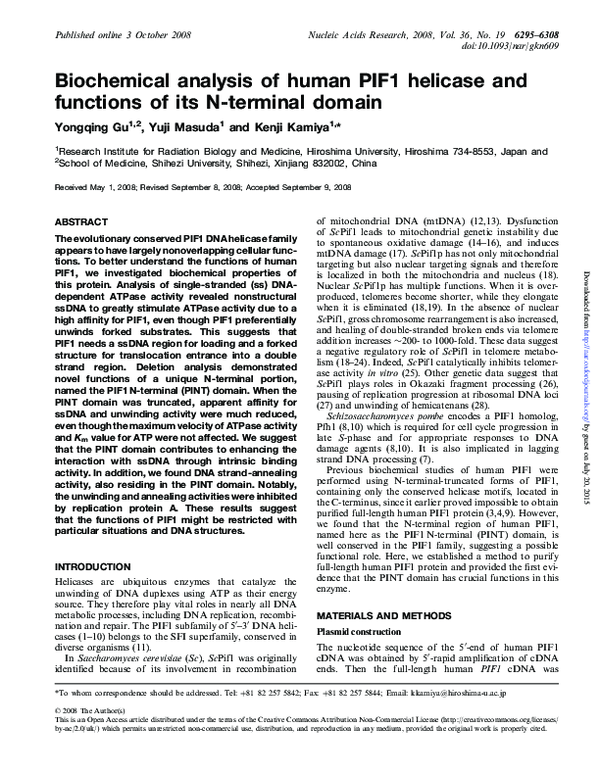 (PDF) Biochemical analysis of human PIF1 helicase and functions of its ...