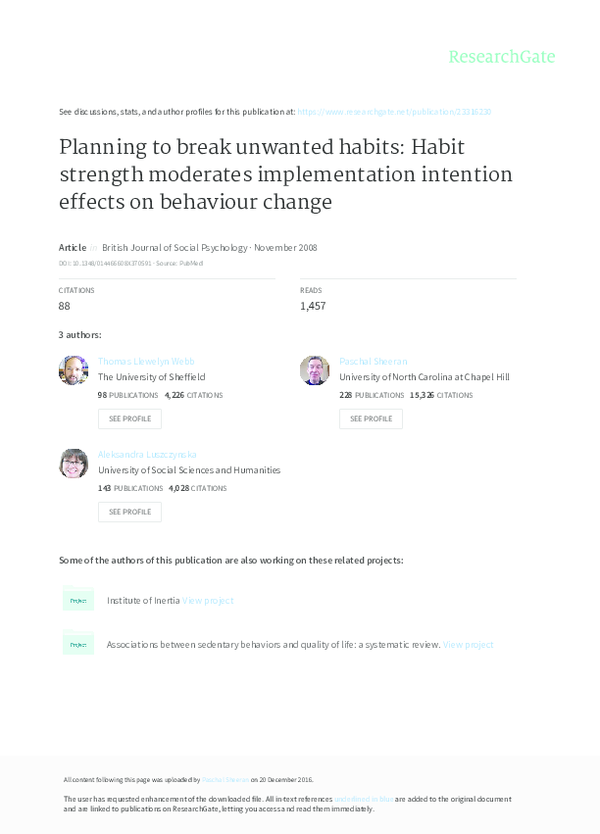 (PDF) Planning to break unwanted habits: Habit strength moderates ...