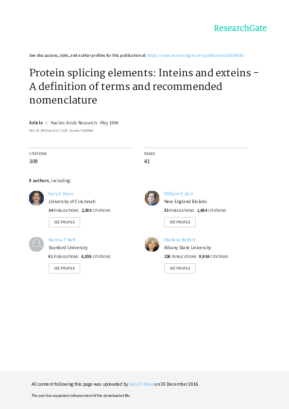 (PDF) Protein splicing elements: inteins and exteins — a definition of ...