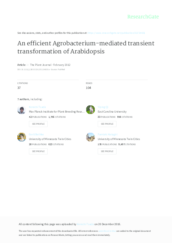 Pdf An Efficient Agrobacterium‐mediated Transient Transformation Of