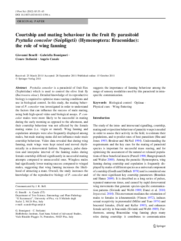 Pdf Courtship And Mating Behaviour In The Fruit Fly Parasitoid