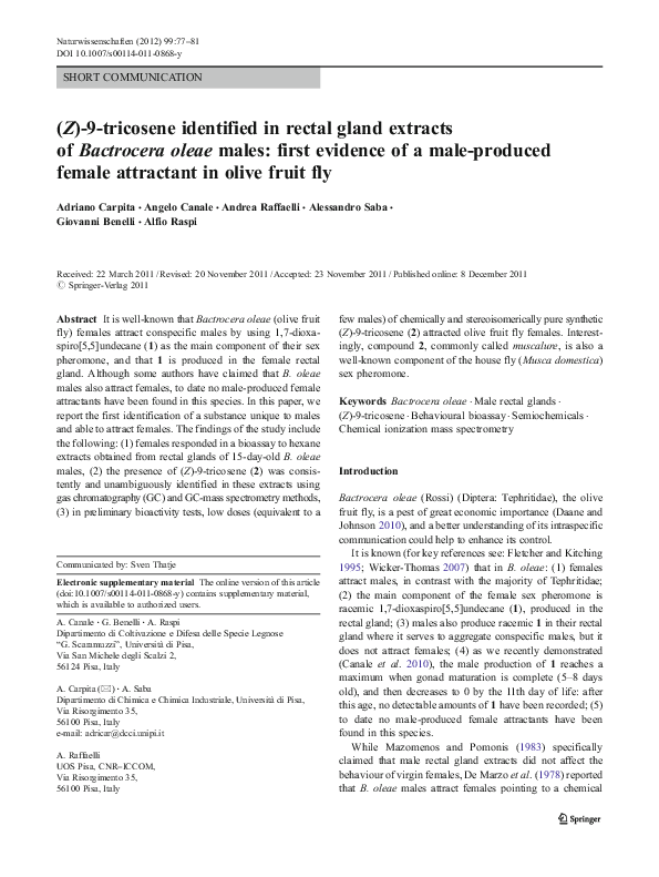 (PDF) (Z)-9-tricosene identified in rectal gland extracts of Bactrocera ...