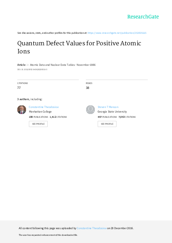 (PDF) Quantum defect values for positive atomic ions