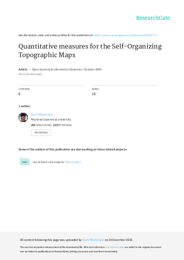 (PDF) Quantitative measures for self-organizing topographic maps