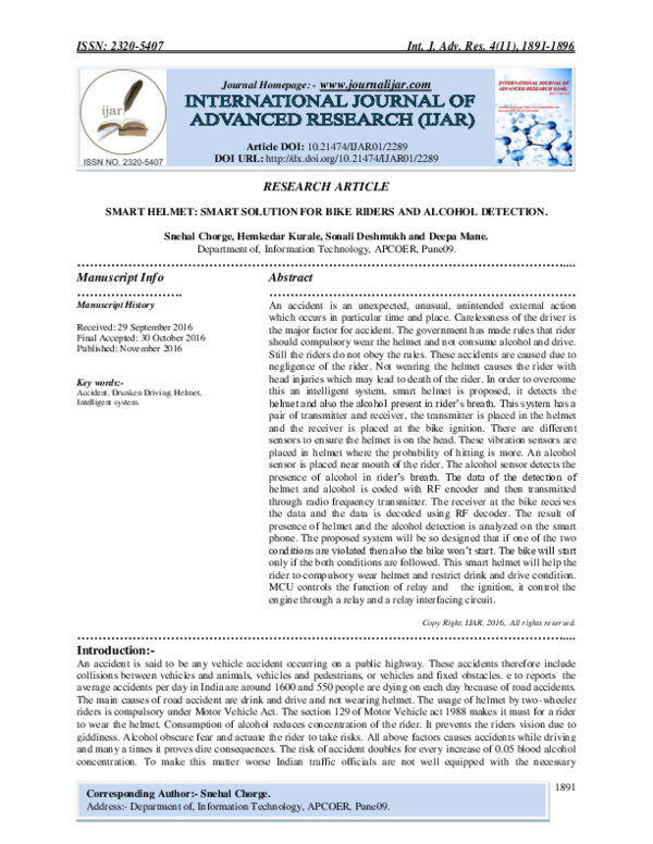 Pdf Smart Helmet Smart Solution For Bike Riders And Alcohol Detection