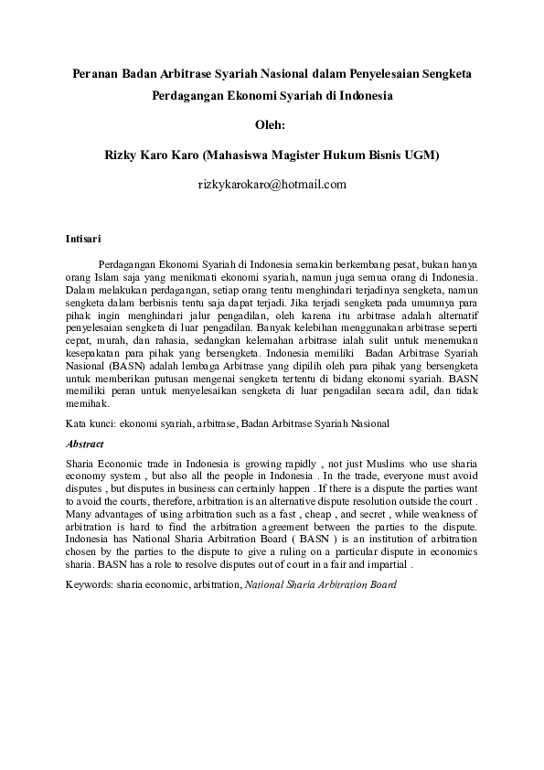 (DOC) Peranan Badan Arbitrase Syariah Nasional dalam Penyelesaian ...