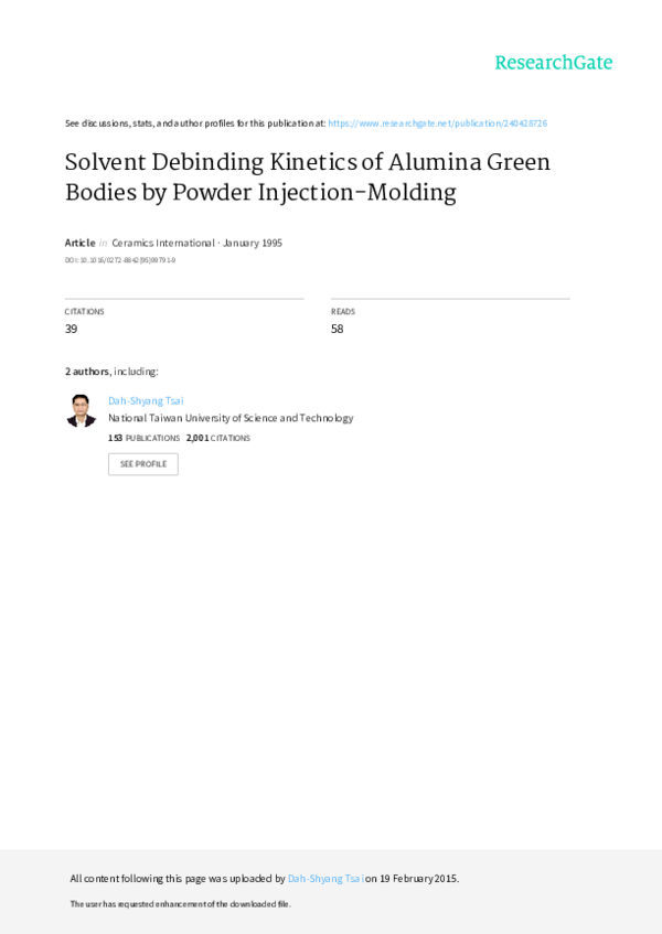 (PDF) Solvent debinding kinetics of alumina green bodies by powder ...
