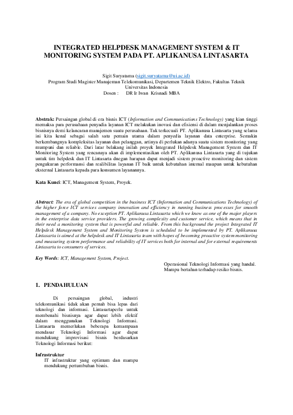 (PDF) INTEGRATED HELPDESK MANAGEMENT SYSTEM & IT MONITORING SYSTEM PADA PT. APLIKANUSA LINTASARTA