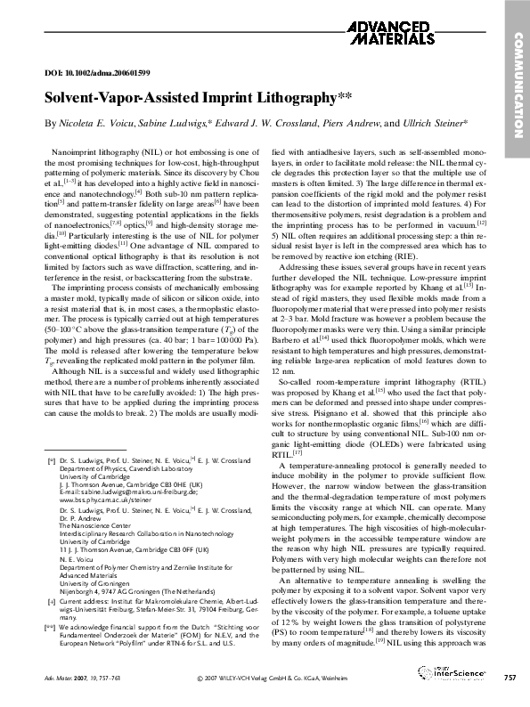 (PDF) Solvent‐Vapor‐Assisted Imprint Lithography
