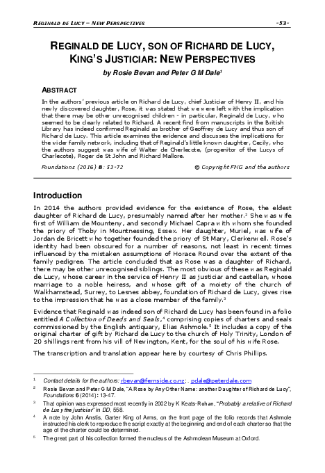 (PDF) Reginald de Lucy, Son of Richard de Lucy, King's Justiciar: new ...