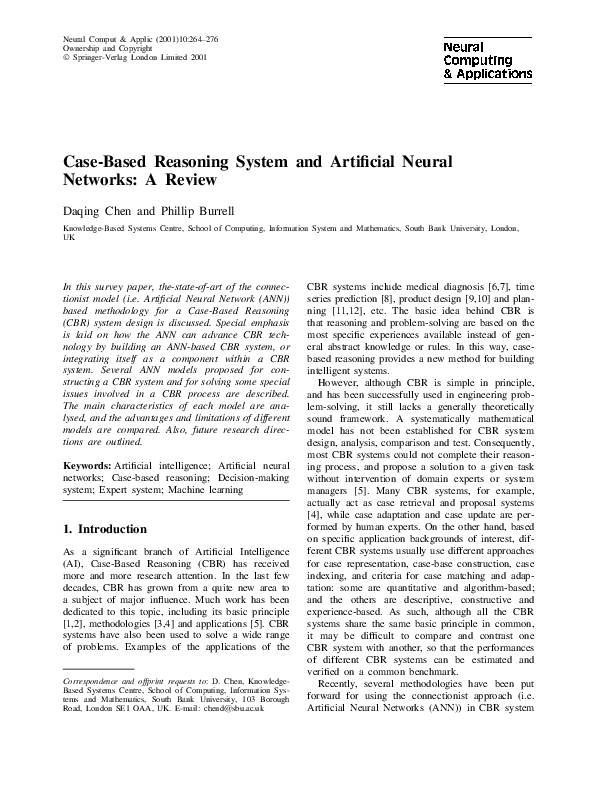 (PDF) Case-based reasoning system and artificial neural networks: A review