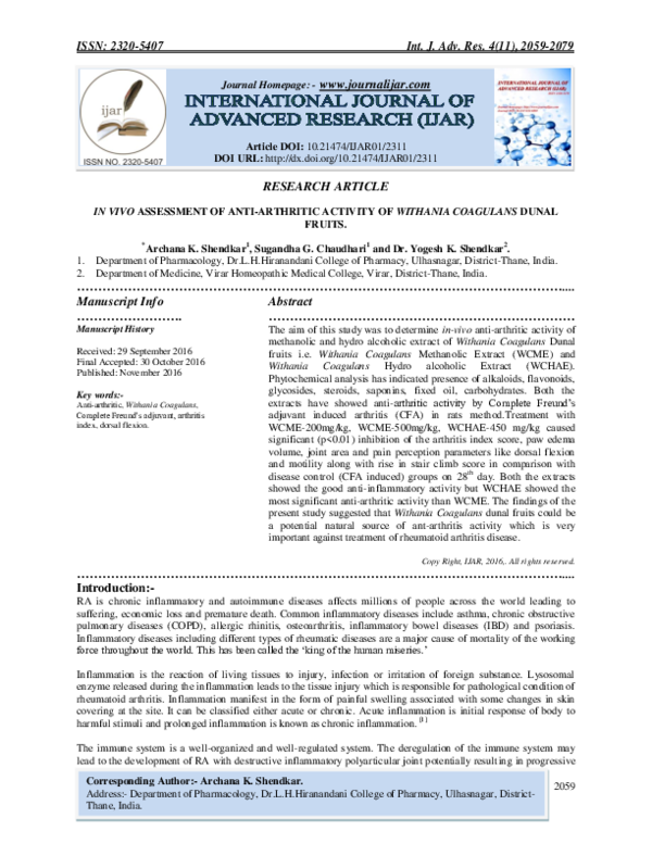 (PDF) IN VIVO ASSESSMENT OF ANTI-ARTHRITIC ACTIVITY OF WITHANIA ...