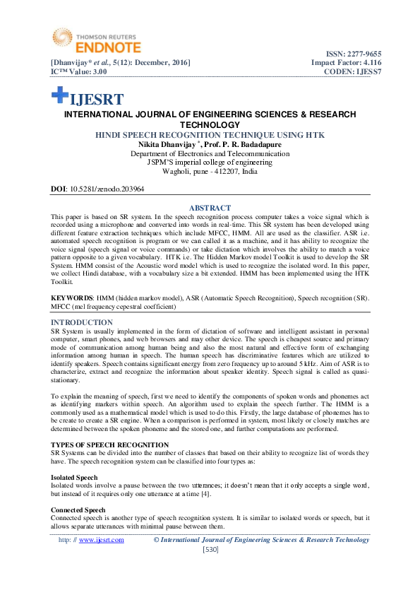 (PDF) HINDI SPEECH RECOGNITION TECHNIQUE USING HTK