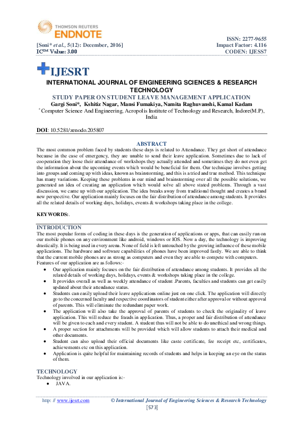 (PDF) STUDY PAPER ON STUDENT LEAVE MANAGEMENT APPLICATION